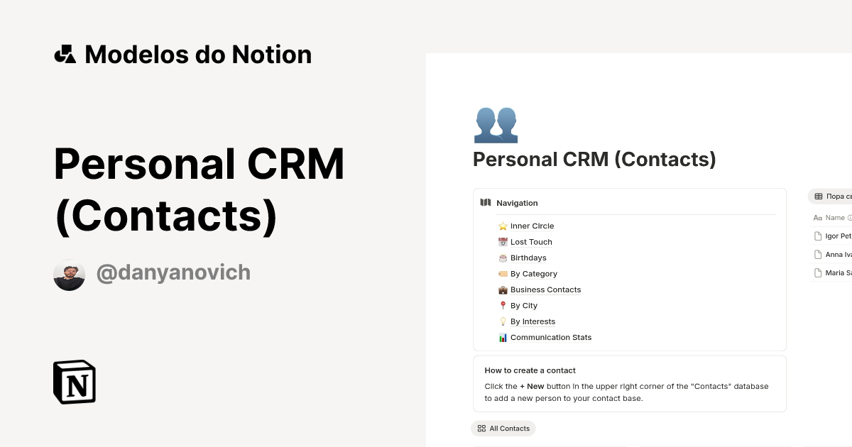 Modelo Personal CRM (Contacts) | Marketplace do Notion
