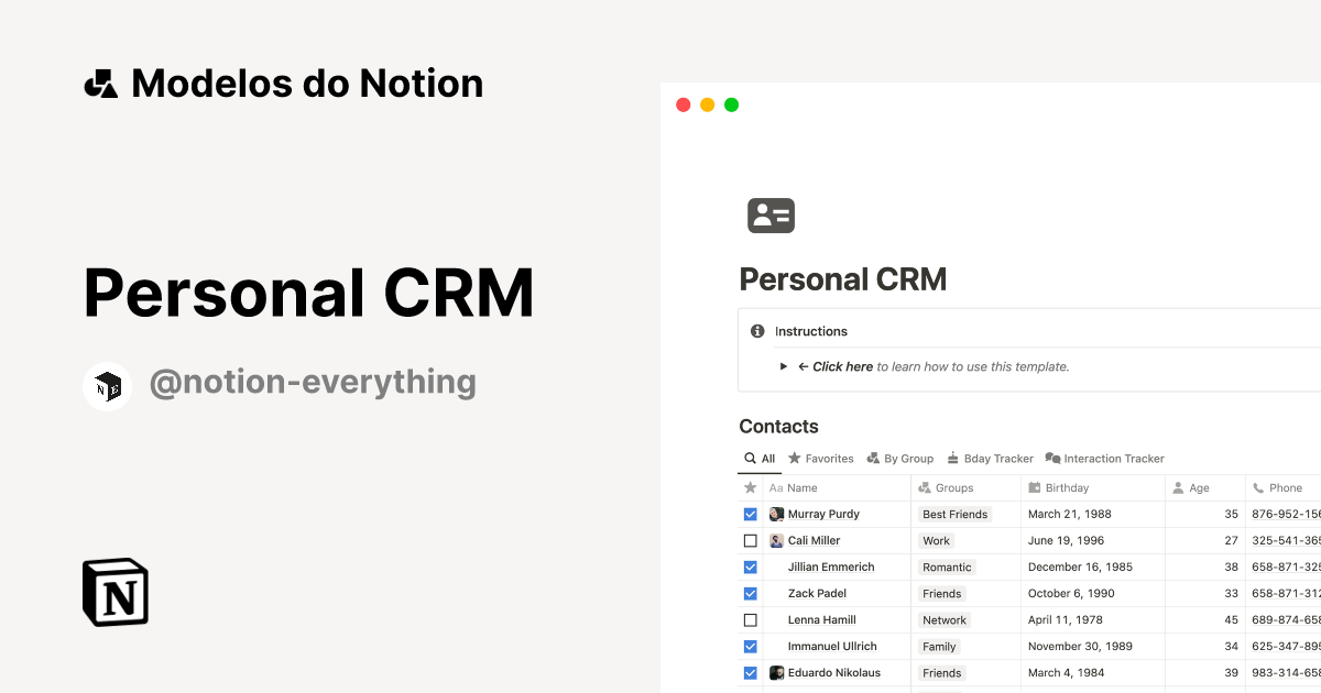 Personal CRM Modelo por Notion Everything | Marketplace do Notion