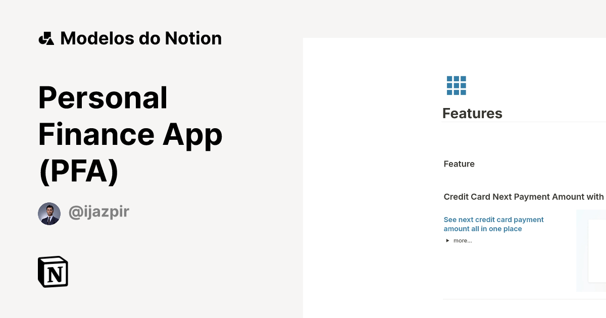 Personal Finance App (PFA) Modelo por Ijaz Pir | Marketplace do Notion