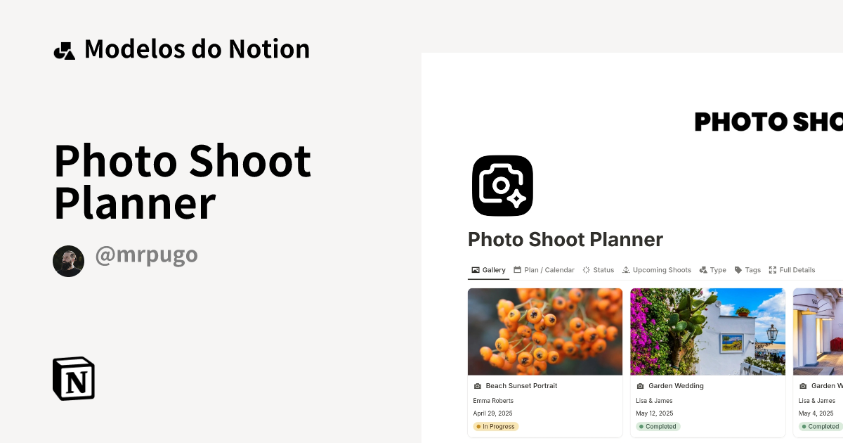 Modelo Photo Shoot Planner | Marketplace do Notion