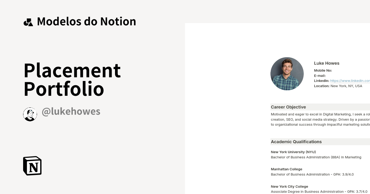 Placement Portfolio Modelo por Luke Howes | Marketplace do Notion