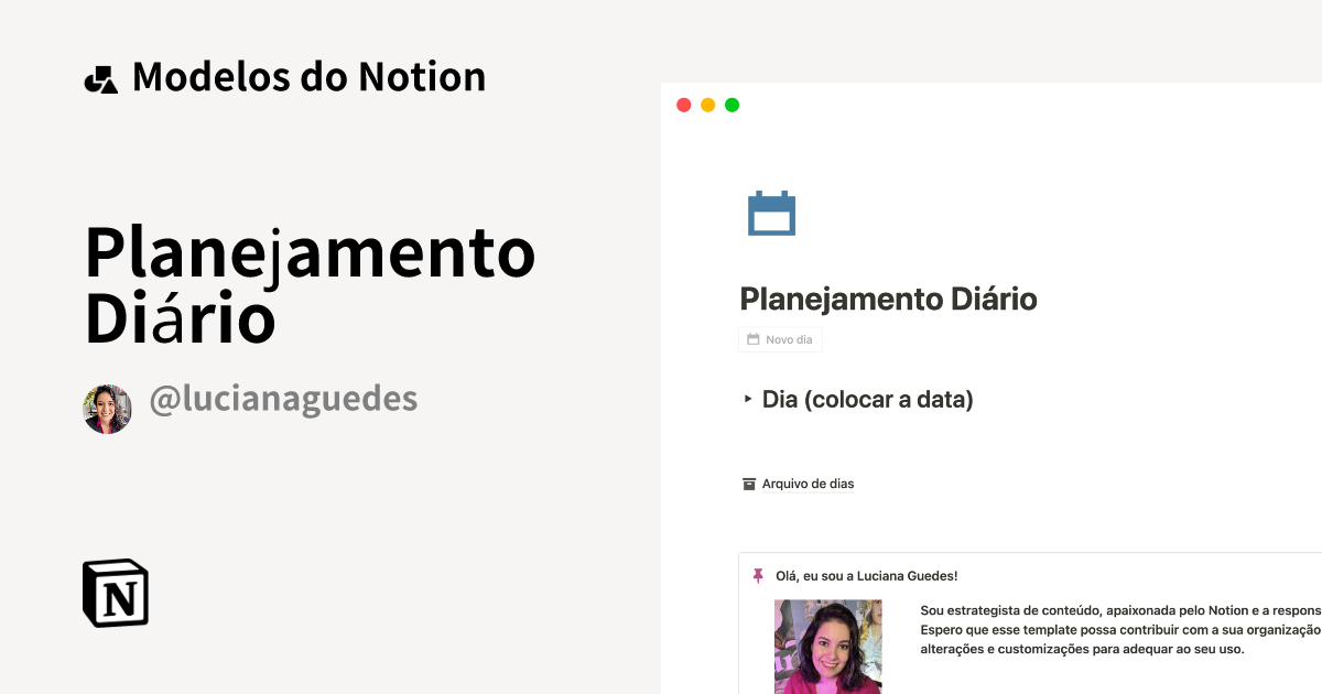 Planejamento Diário Modelo por Luciana Guedes | Marketplace do Notion