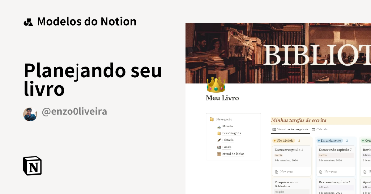 Planejando seu livro Modelo por Enzo Oliveira | Marketplace do Notion