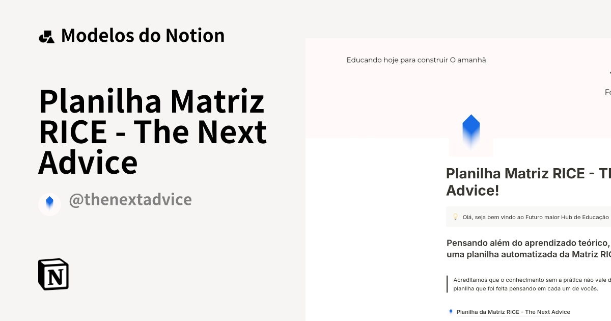 Modelo Planilha Matriz RICE - The Next Advice | Marketplace do Notion