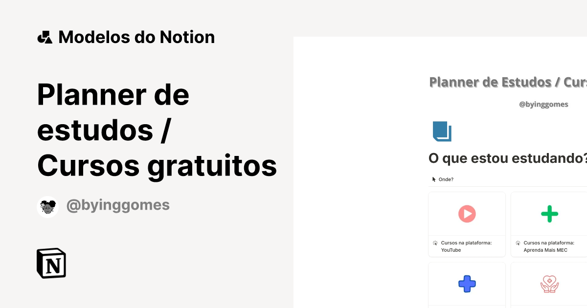 Modelo Planner de estudos / Cursos gratuitos | Marketplace do Notion