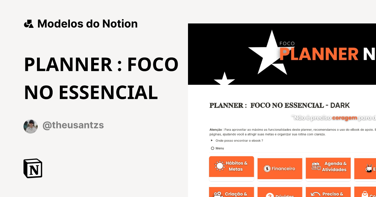 Modelo 𝐏𝐋𝐀𝐍𝐍𝐄𝐑 : 𝐅𝐎𝐂𝐎 𝐍𝐎 𝐄𝐒𝐒𝐄𝐍𝐂𝐈𝐀𝐋 | Marketplace do Notion