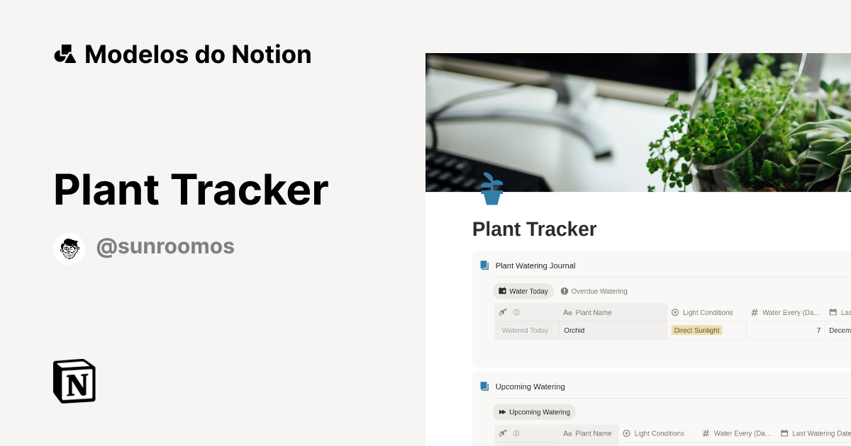 Plant Tracker Modelo por Sunroom OS | Marketplace do Notion