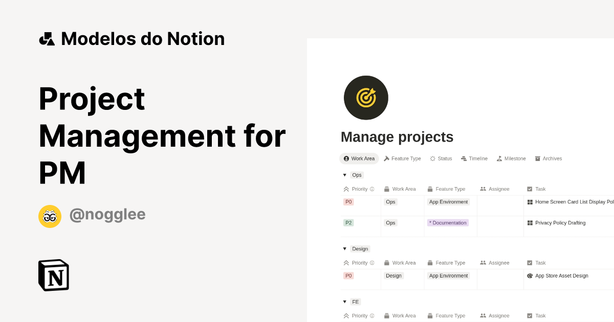 Modelo Project Management for PM | Marketplace do Notion