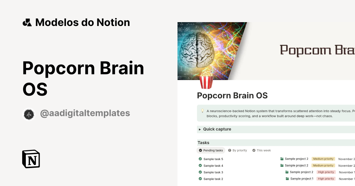 Popcorn Brain OS Modelo por AA Digital templates | Marketplace do Notion