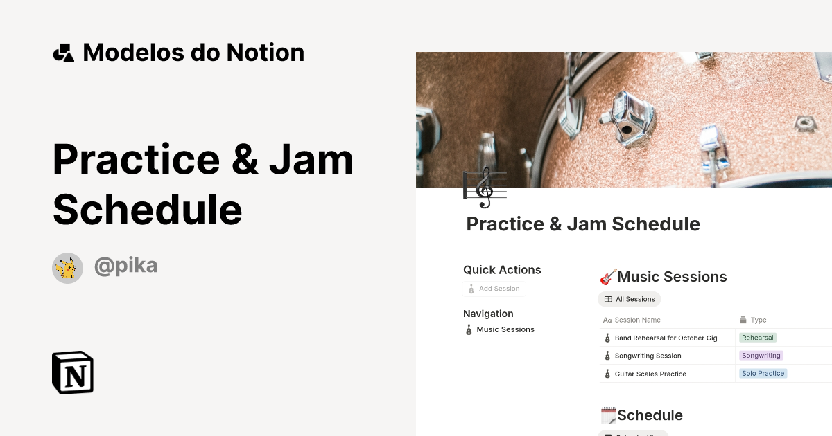 Practice & Jam Schedule Modelo por Pika | Marketplace do Notion