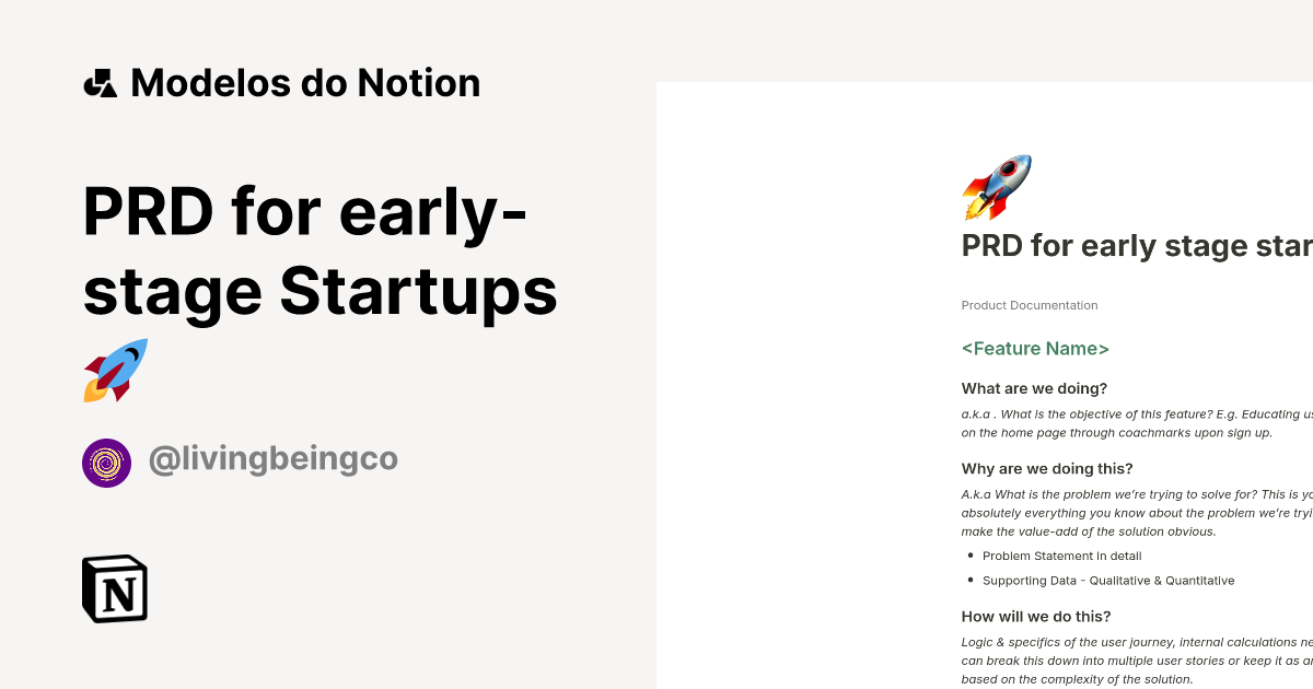 Modelo PRD for early-stage Startups 🚀 | Marketplace do Notion