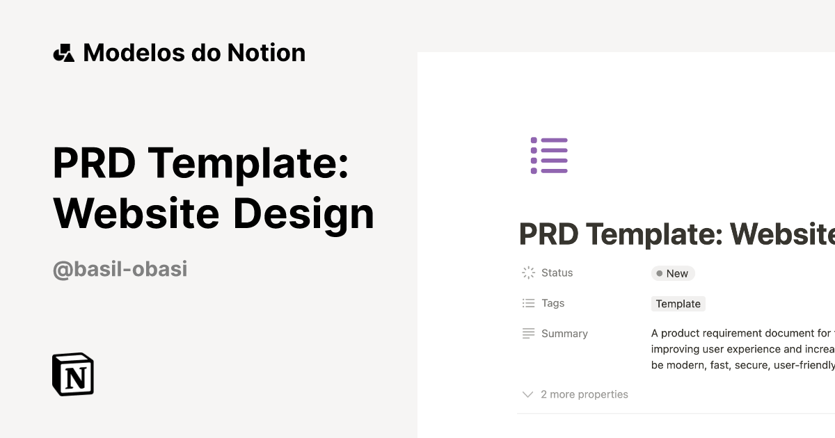 Modelo PRD Template: Website Design | Marketplace do Notion
