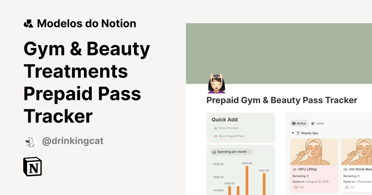 Gym & Beauty Treatments Prepaid Pass Tracker Modelo por Drinking Cat | Marketplace do Notion