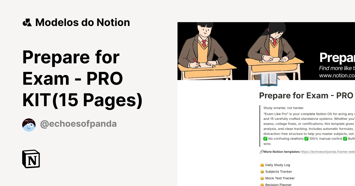 Modelo Prepare for Exam - PRO KIT(15 Pages) | Marketplace do Notion