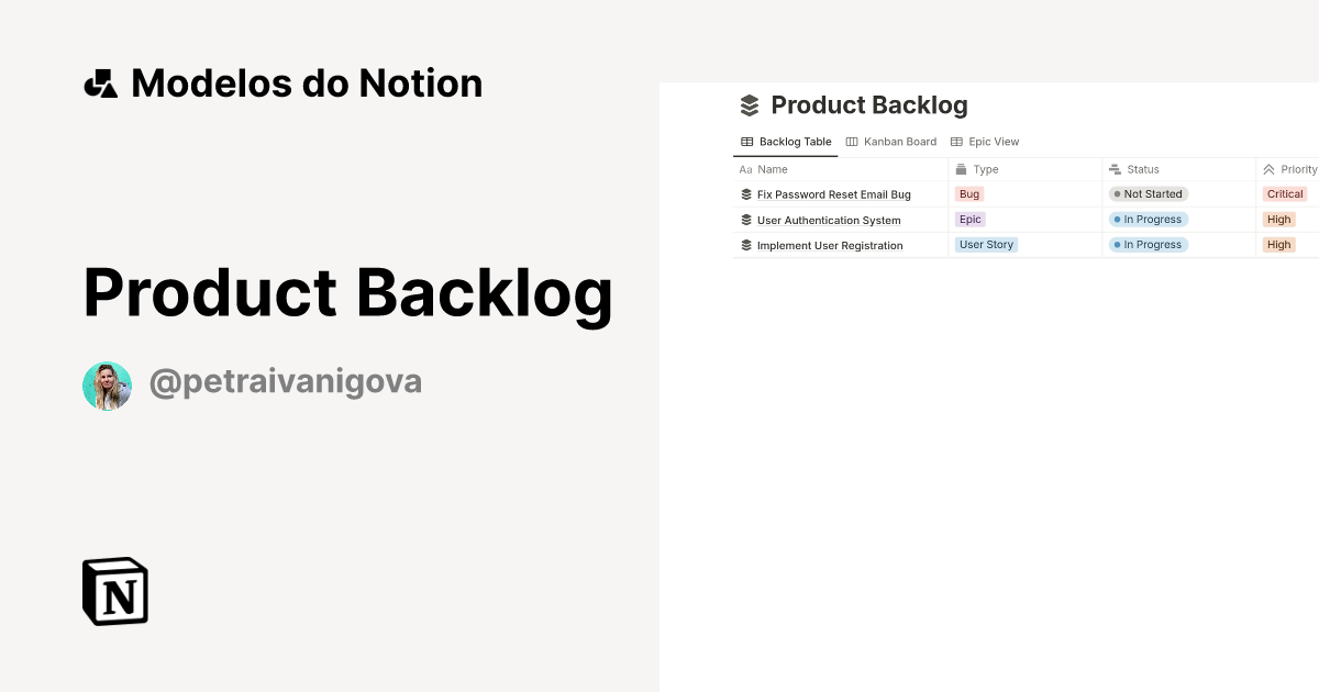 Product Backlog Modelo por Petra Ivanigova | Marketplace do Notion