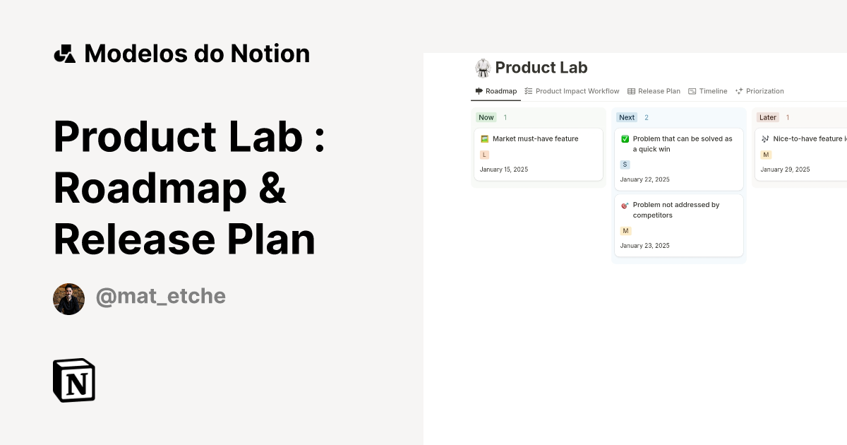 Product Lab : Roadmap & Release Plan Modelo por Mat Etche | Marketplace do Notion