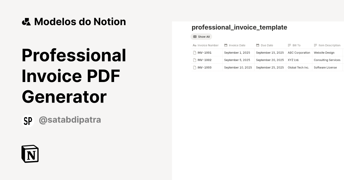 Modelo Professional Invoice PDF Generator | Marketplace do Notion