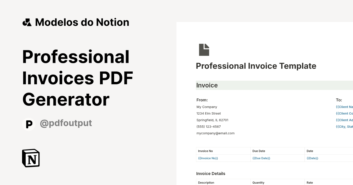 Professional Invoices PDF Generator Modelo por PDFOutput | Marketplace do Notion
