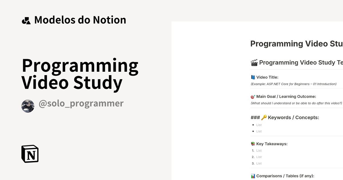 Programming Video Study Modelo por Solo_Programmer | Marketplace do Notion