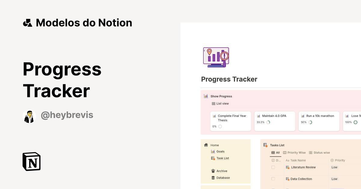 Progress Tracker Modelo por heybrevis | Marketplace do Notion