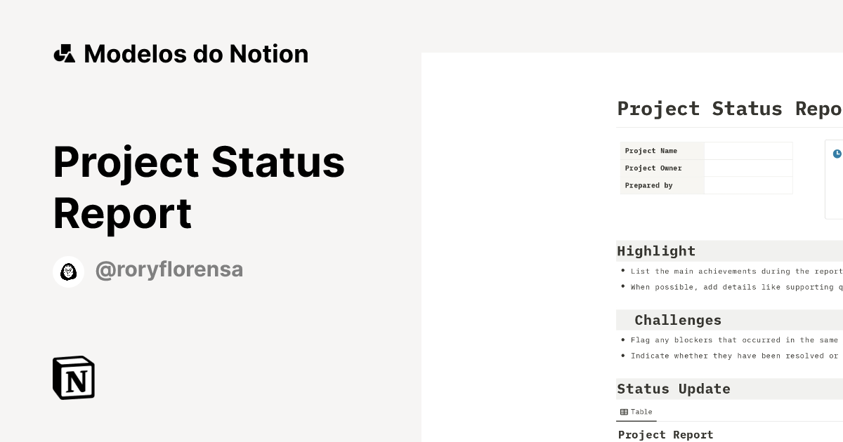 Project Status Report Modelo por Rory Florensa | Marketplace do Notion