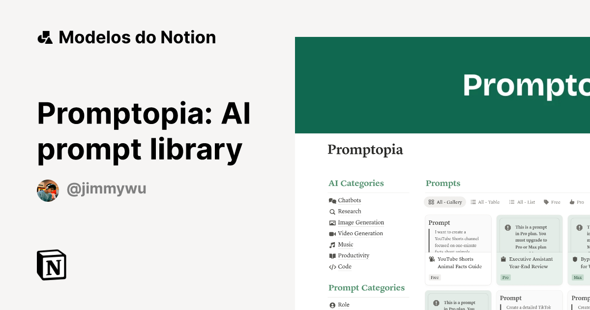 Modelo Promptopia: AI prompt library | Marketplace do Notion