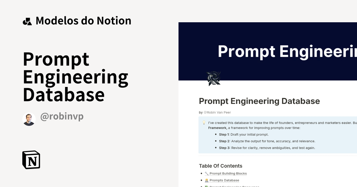 Prompt Engineering Database Modelo por Robin Van Peer | Marketplace do Notion
