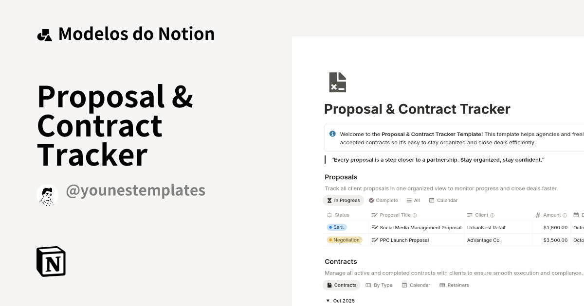 Proposal & Contract Tracker Modelo por Younes | Marketplace do Notion