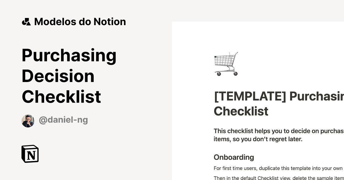 Purchasing Decision Checklist Modelo por Daniel Ng | Marketplace do Notion