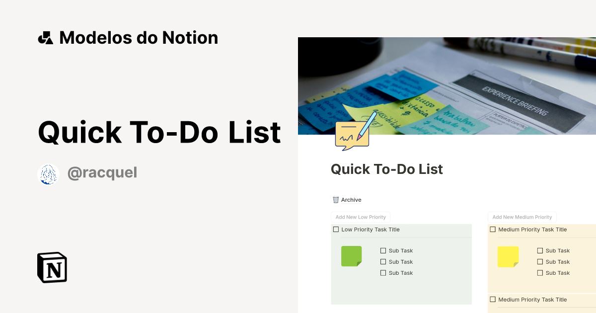 Quick To-Do List Modelo por Templates by Racquel | Marketplace do Notion