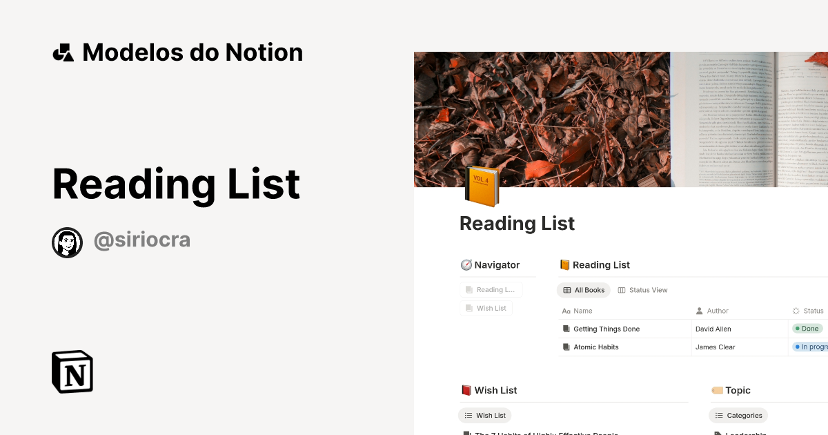 Reading List Modelo por Siri Ocra | Marketplace do Notion