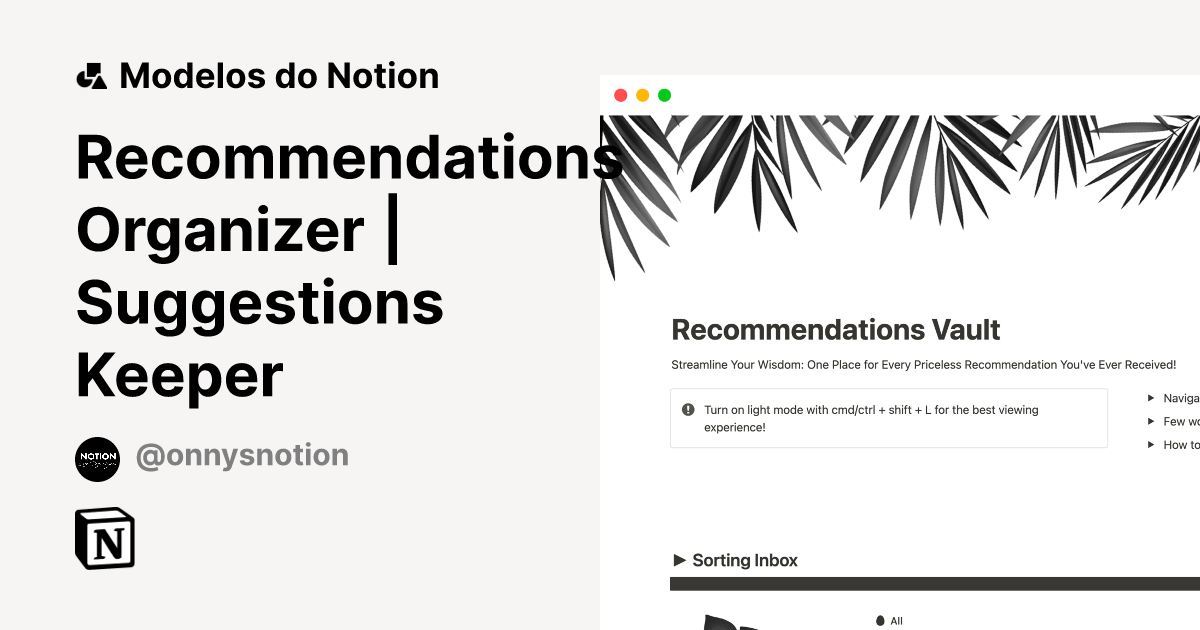 Modelo Recommendations Organizer | Suggestions Keeper | Marketplace do Notion