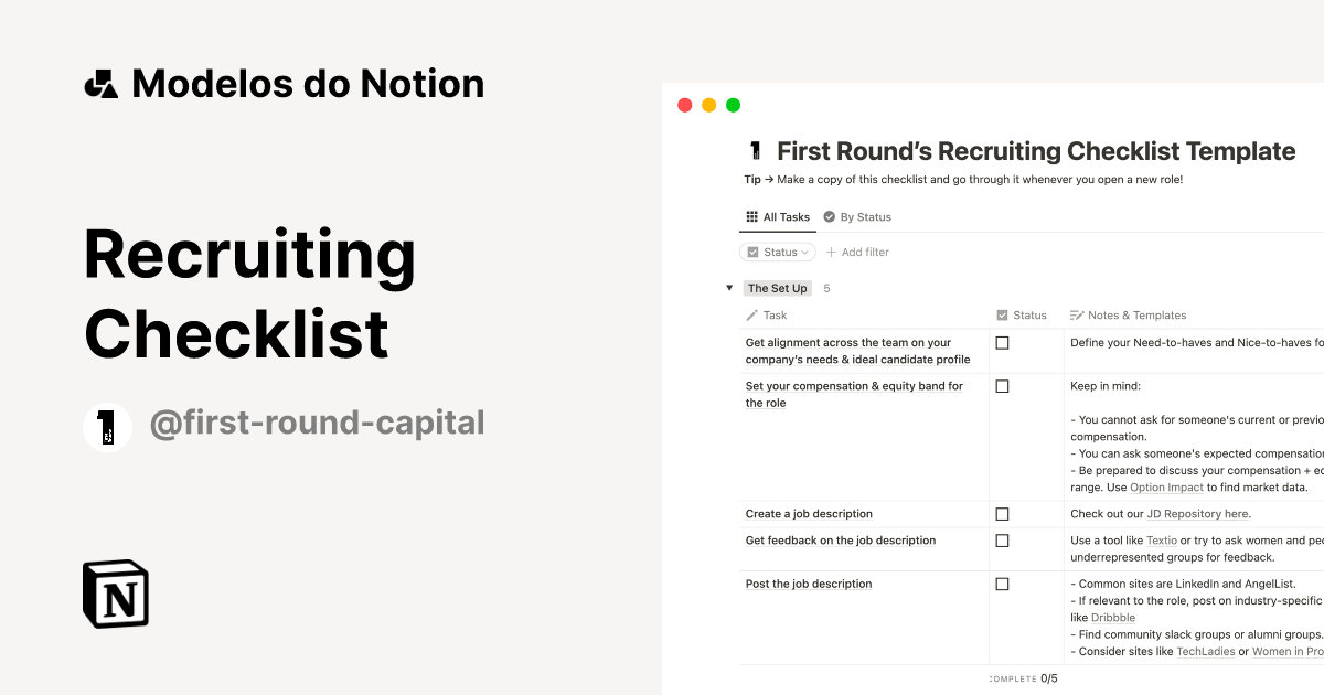Recruiting Checklist Modelo por First Round Capital | Marketplace do Notion