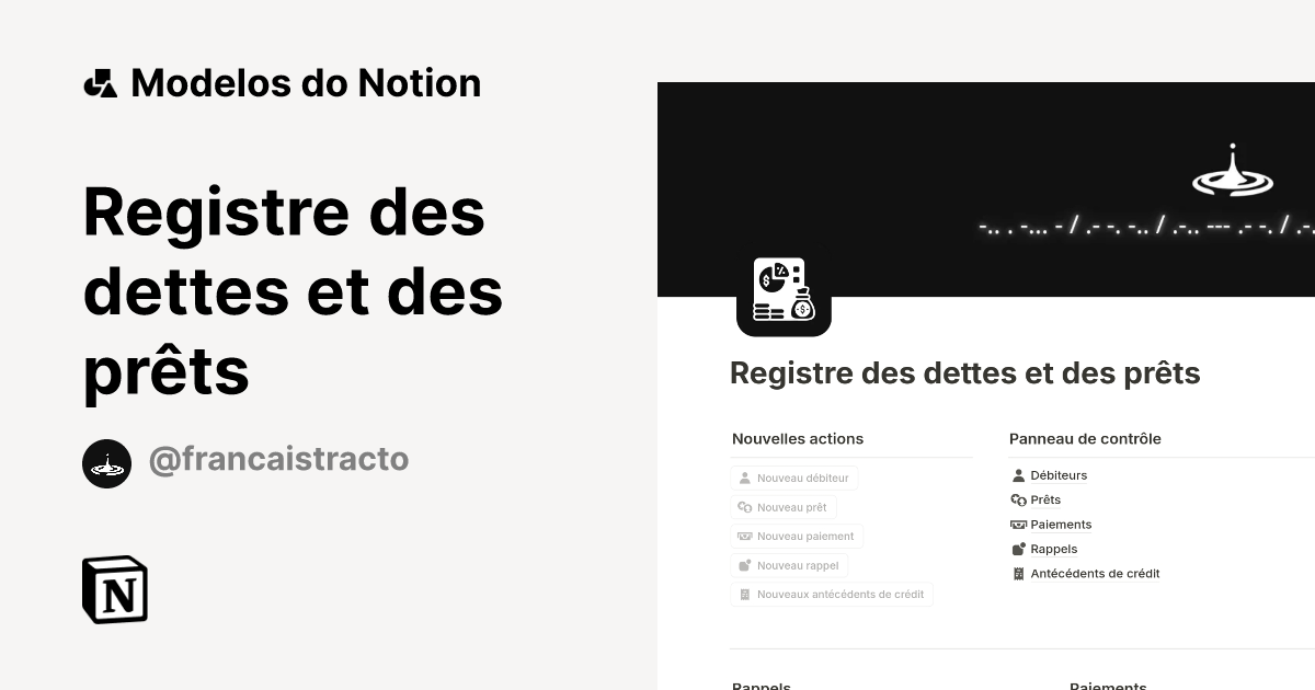 Modelo Registre des dettes et des prêts | Marketplace do Notion