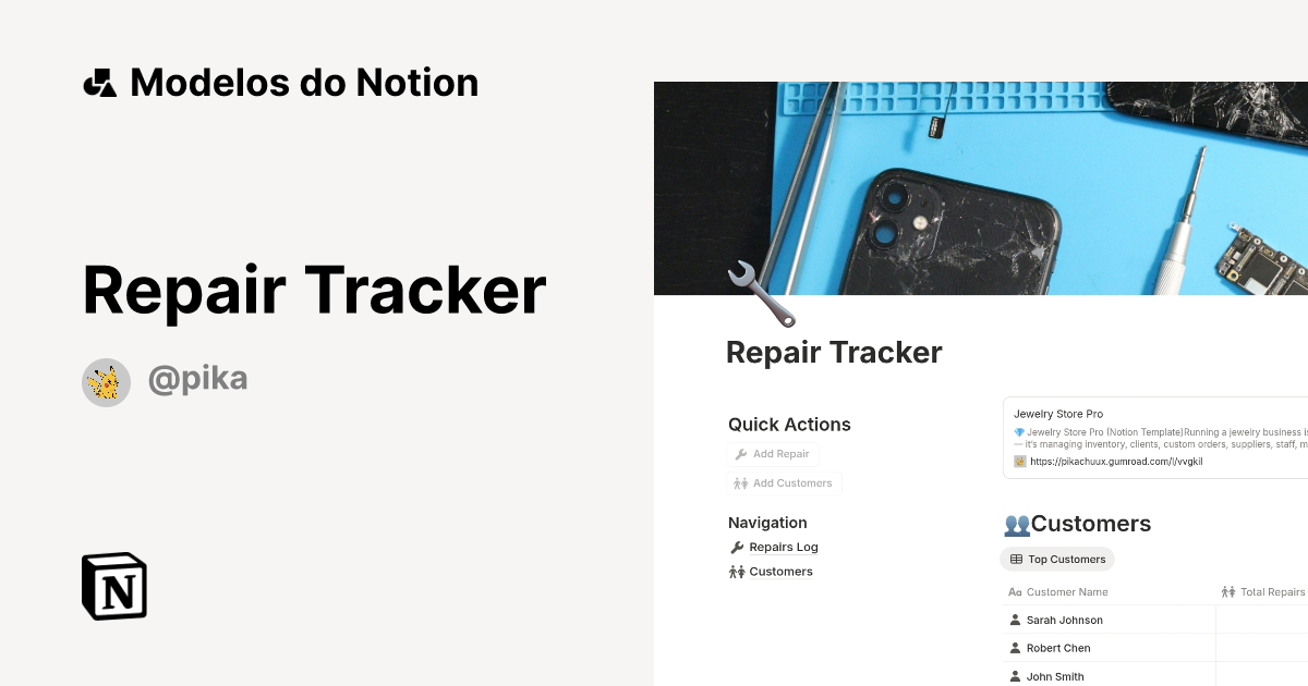 Repair Tracker Modelo por Pika | Marketplace do Notion