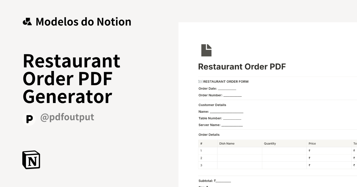 Modelo Restaurant Order PDF Generator | Marketplace do Notion