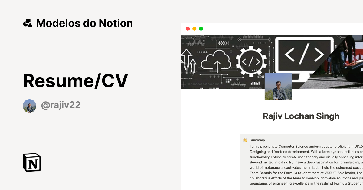Resume/CV Modelo por Rajiv Lochan Singh | Marketplace do Notion
