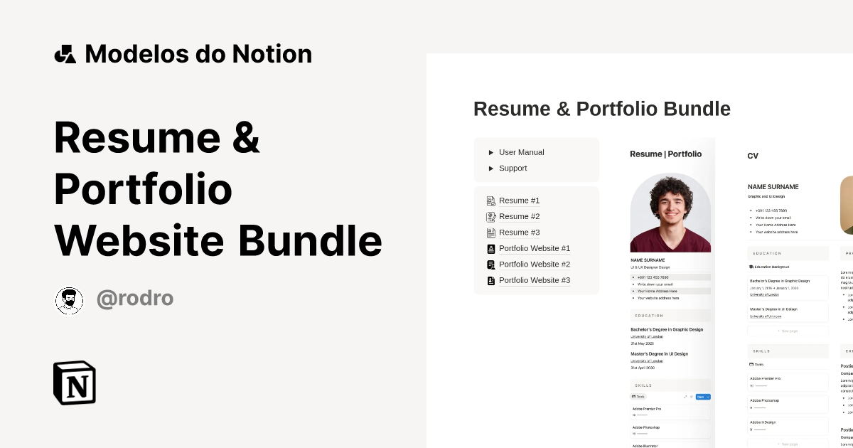 Resume & Portfolio Website Bundle Modelo por Rodro | Marketplace do Notion