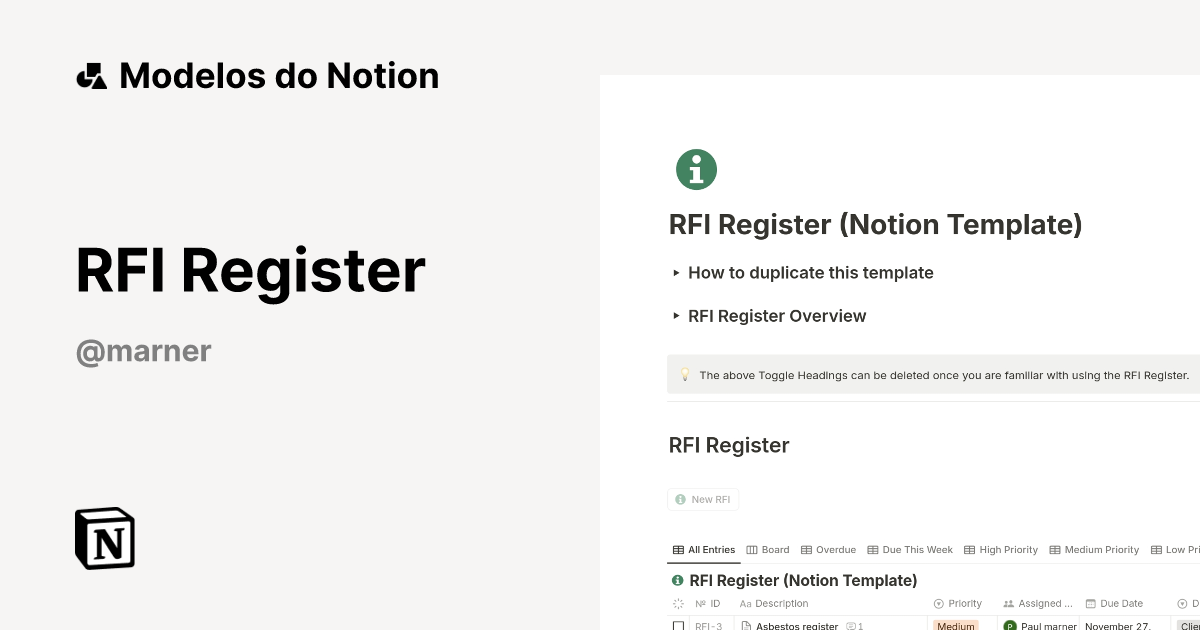 Modelo RFI Register | Marketplace do Notion