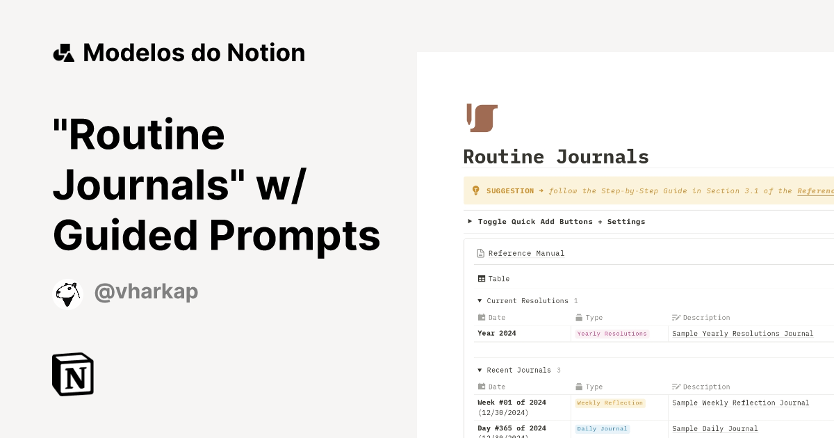 "Routine Journals" w/ Guided Prompts Modelo por Vharkap Systems | Marketplace do Notion