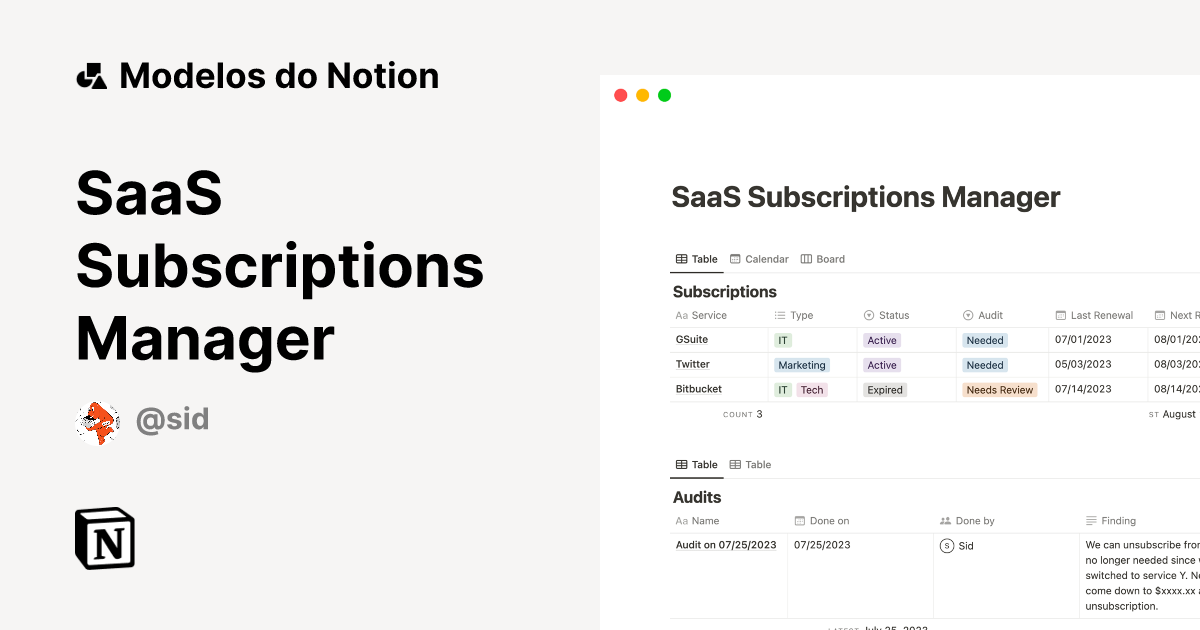 SaaS Subscriptions Manager Modelo por Sid | Marketplace do Notion