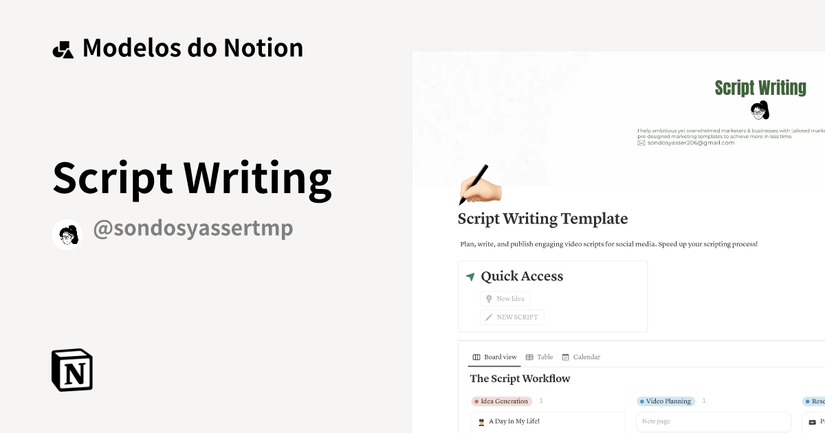 Script Writing Modelo por Sondos Yasser | Marketplace do Notion