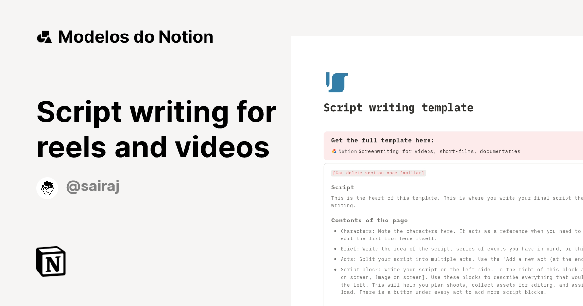 Modelo Script writing for reels and videos | Marketplace do Notion