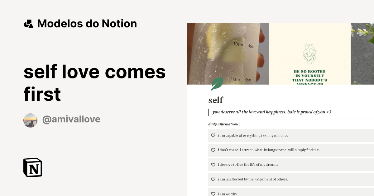 Modelo self love comes first | Marketplace do Notion