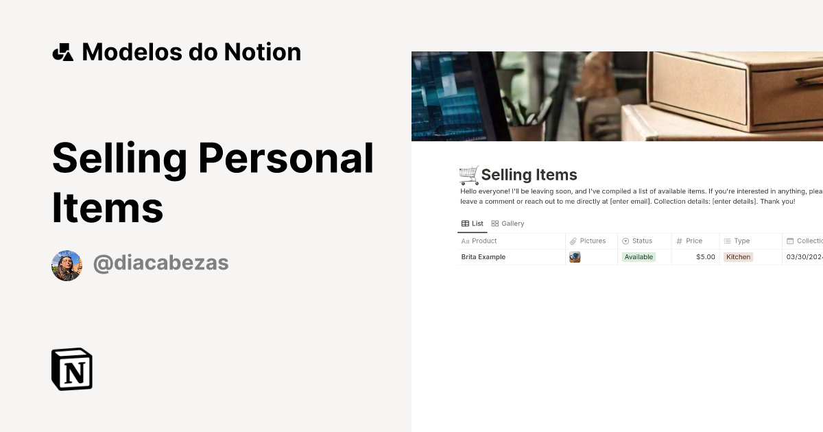Modelo Selling Personal Items | Marketplace do Notion