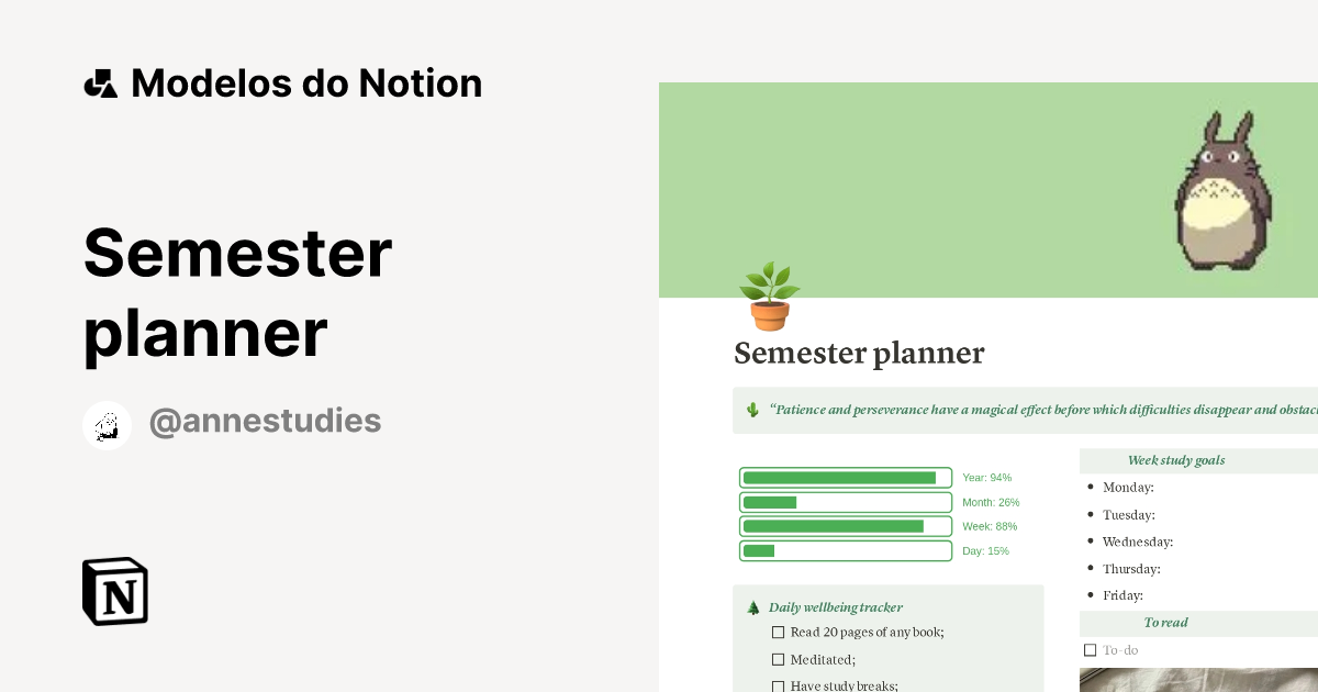Semester planner Modelo por anne | Marketplace do Notion