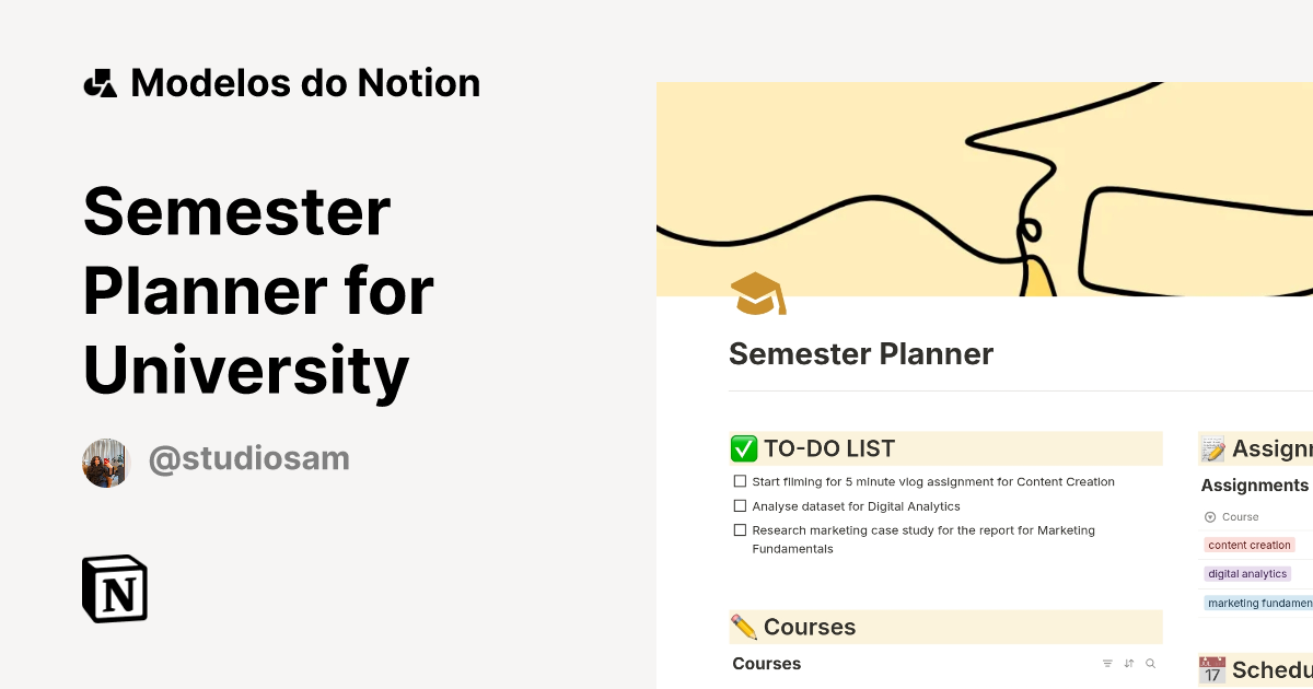 Modelo Semester Planner for University | Marketplace do Notion