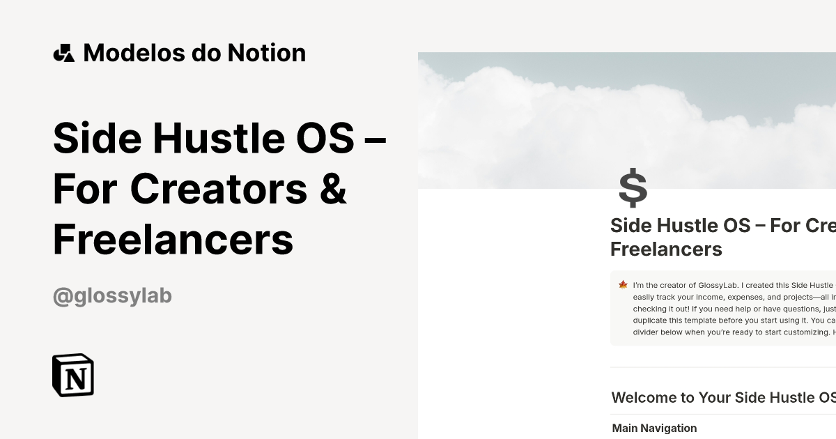Side Hustle OS – For Creators & Freelancers Modelo por GlossyLab | Marketplace do Notion
