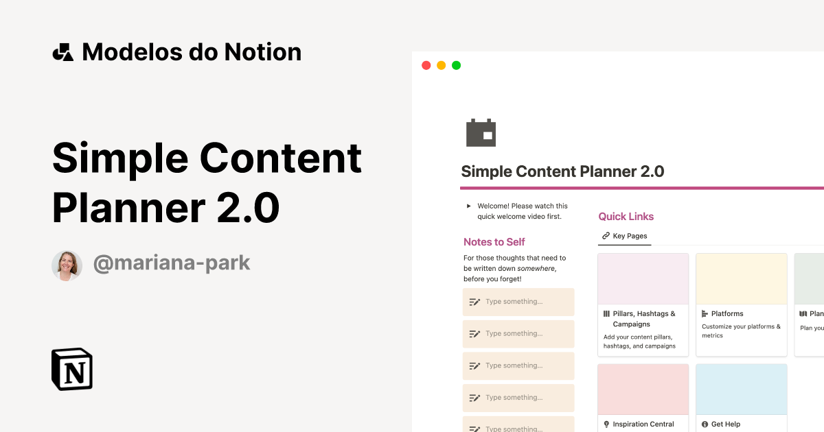 Simple Content Planner 2.0 Modelo por Mariana Park | Marketplace do Notion