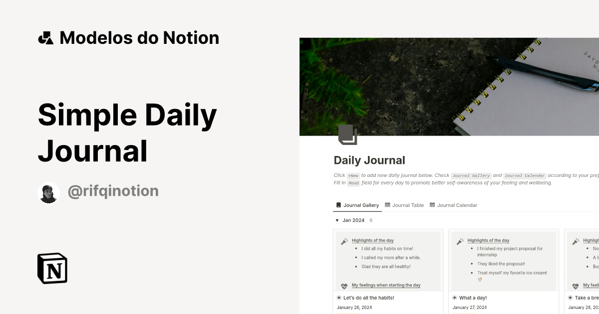 Modelo Simple Daily Journal | Marketplace do Notion